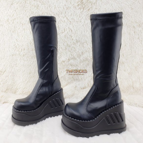 Demonia | Shoes | Stretch Platform Wedge Heel Knee Boots Goth Punk ...